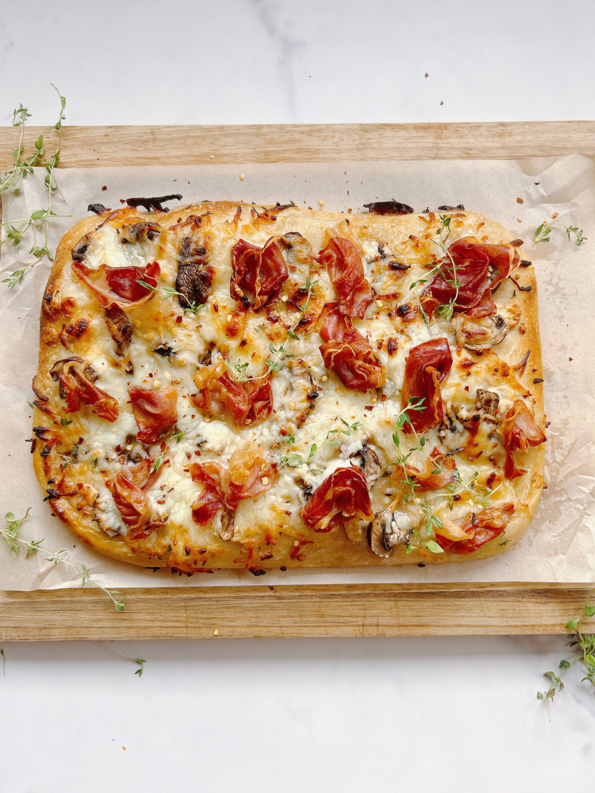 Simple Sheet Pan Pizza with Prosciutto & Blue Cheese - The Southern Edit